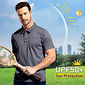 MIER Men's Polo Shirts Polyester Casual Tennis Collared Shirts Short Sleeve with Pocket, Sun Protection, Grey, XXL