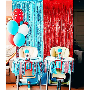 Dr Seuss Cat in The Hat Birthday Party Decorations/Dr Seuss Baby Shower/Thing One and Thing Two Birthday/Red Blue Fringe Foil Curtains Backdrop Circus Carnival Party/Nurse Graduation Deorations