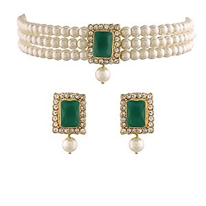 I Jewels Gold Plated Indian Wedding Bollywood Stone Pearl Choker Necklace Jewellery Set For Women (Green)