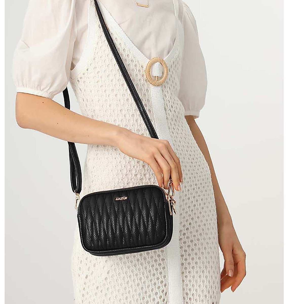 Triple Zip Small Crossbody Wallet Purse for Women Quilted Cross body Bag with Detachable Strap…