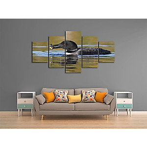 Large Canvas Print 5 Panels Art Wall Paintings Common Loon Catching a Pumpkinseed Sunfish Stretched Framed Wall Poster Picture on Canvas Home Decor - 60x32 Inch Total