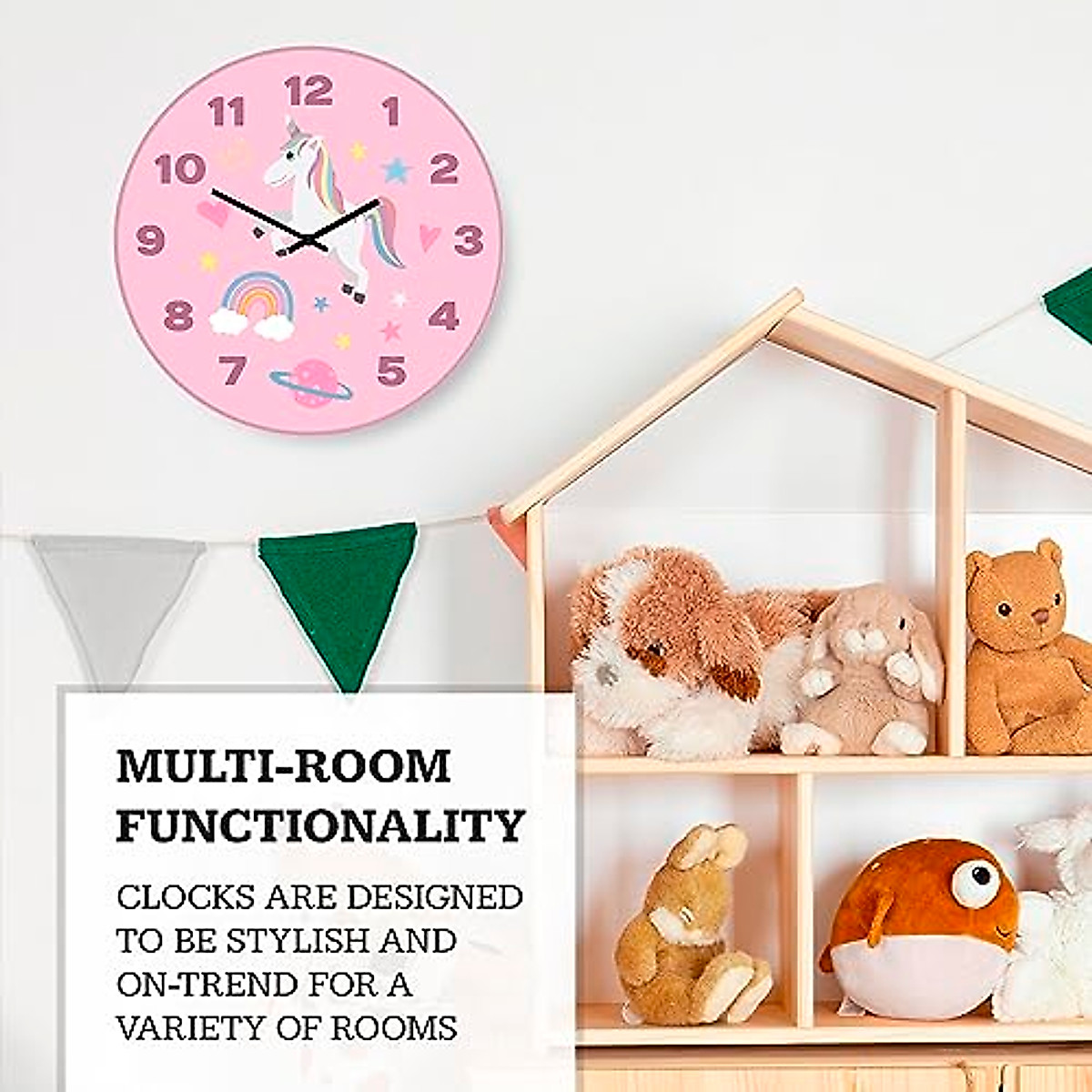 Soul Decor Pink Unicorn and Rainbow Wall Clock, Silent Non-Ticking, Girl/Boy Room Unisex Clock for Children Bedroom Decor, Made in The USA 12 Inch Round