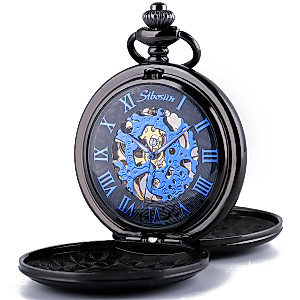 SIBOSUN Pocket Watch Men's Pocket Watches Mechanical Pocket Watch with Chain Roman Numerals Dial Skeleton Men Women - Gifts for Dad, Grandpa, Husband, Boyfriend