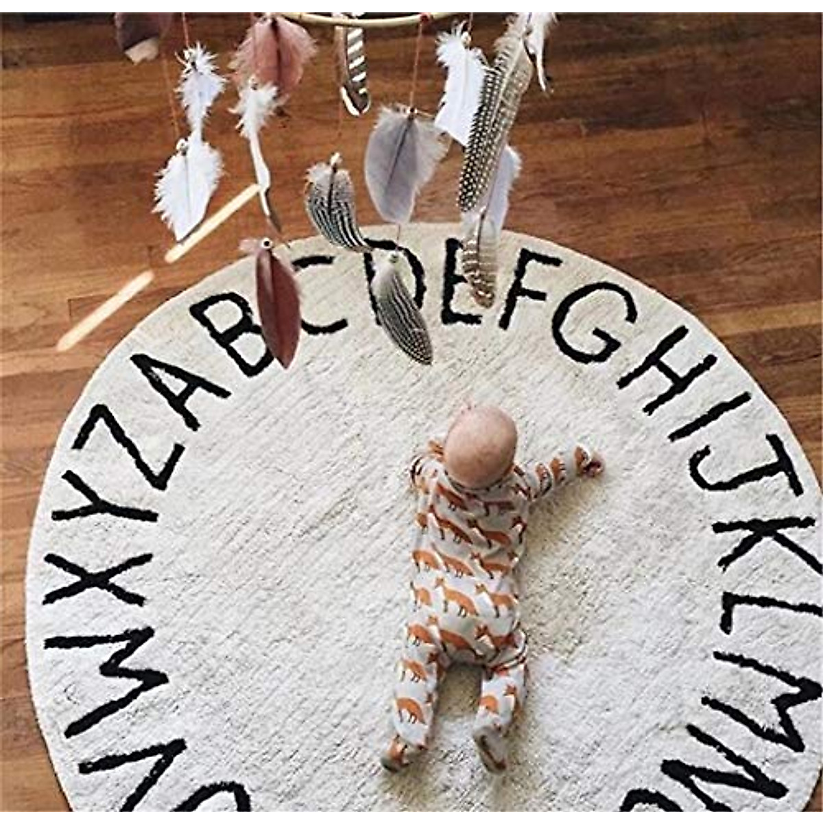 ABC Nursery Rugs Round Kids Rug Circle Alphabet Rug Kids Play Mat for Infants Boys Girls Soft Cotton Carpet Educational Area Rug 47inch (White)