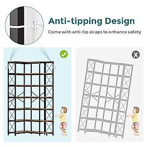 Condemo 7-Shelf Reversible Corner Bookshelf, Modern Industrial Tall Bookcase, 7-Tier Large L-Shaped Storage Shelf Display Rack with Metal Frame for Living Room, Home Office, Bedroom, Rustic Brown