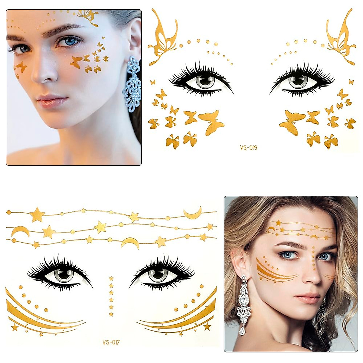 Temporary Tattoo Stickers 10 Sheets Face Metallic Gold Glitter Tattoo Temporary Freckle Face Sticker for Women Butterfly Tattoos Women Face Tattoos for Halloween Cosplay Makeup Homecoming Costume