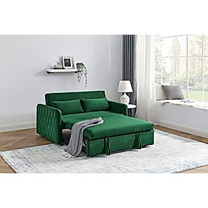 HomSof 2 Pillows and Living Room Adjustable Backrest, Grid Design Armrests 55" Modern Convertible 2 Detachable Arm Pockets, Velvet Loveseat Sofa with Pull Out Bed, Style B, Green
