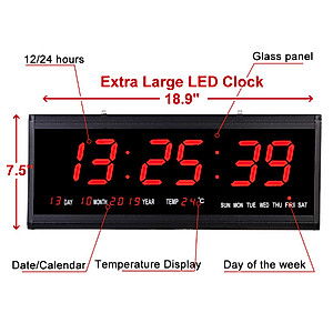 18.9 Inch Oversized LED Digital Wall Clock Large Display with Indoor Temperature Date and Day of Week,Electric Wall Clock/Calendar Timer Home Decor -Red