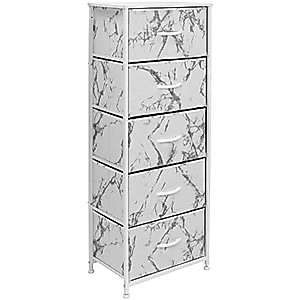Sorbus Fabric Dresser for Bedroom - Chest of 5 Drawers, Tall Storage Tower, Clothing Organizer, for Closet, for Living Room, Steel Frame, Fabric Bins - Wood Handle (Marble White – White Frame)