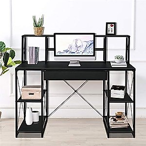 SSLine Black Computer Desk with Hutch and Storage Drawer Wood&Metal Home Study Writing Table w/Open Shelves Modern Simple PC Laptop Desk Office Workstation for Small Space