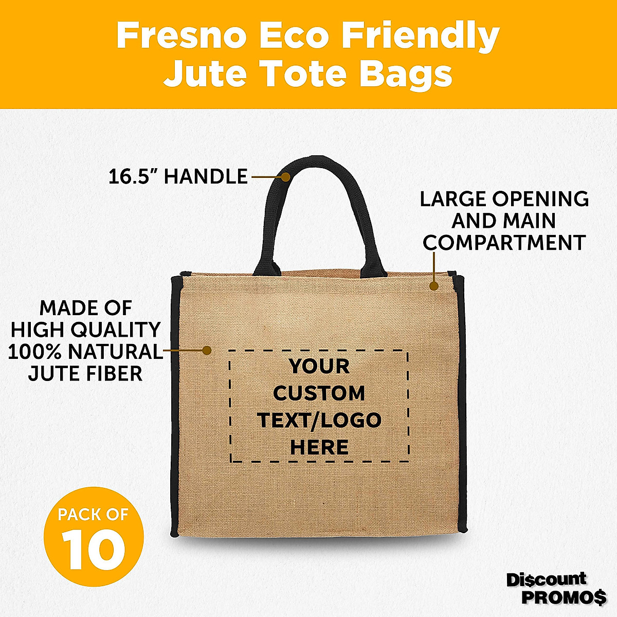 DISCOUNT PROMOS Custom Fresno Eco Friendly Jute Tote Bags Set of 10, Personalized Bulk Pack - Reusable, Great for Tradeshows, Grocery, Shopping and Outdoor Events - Black