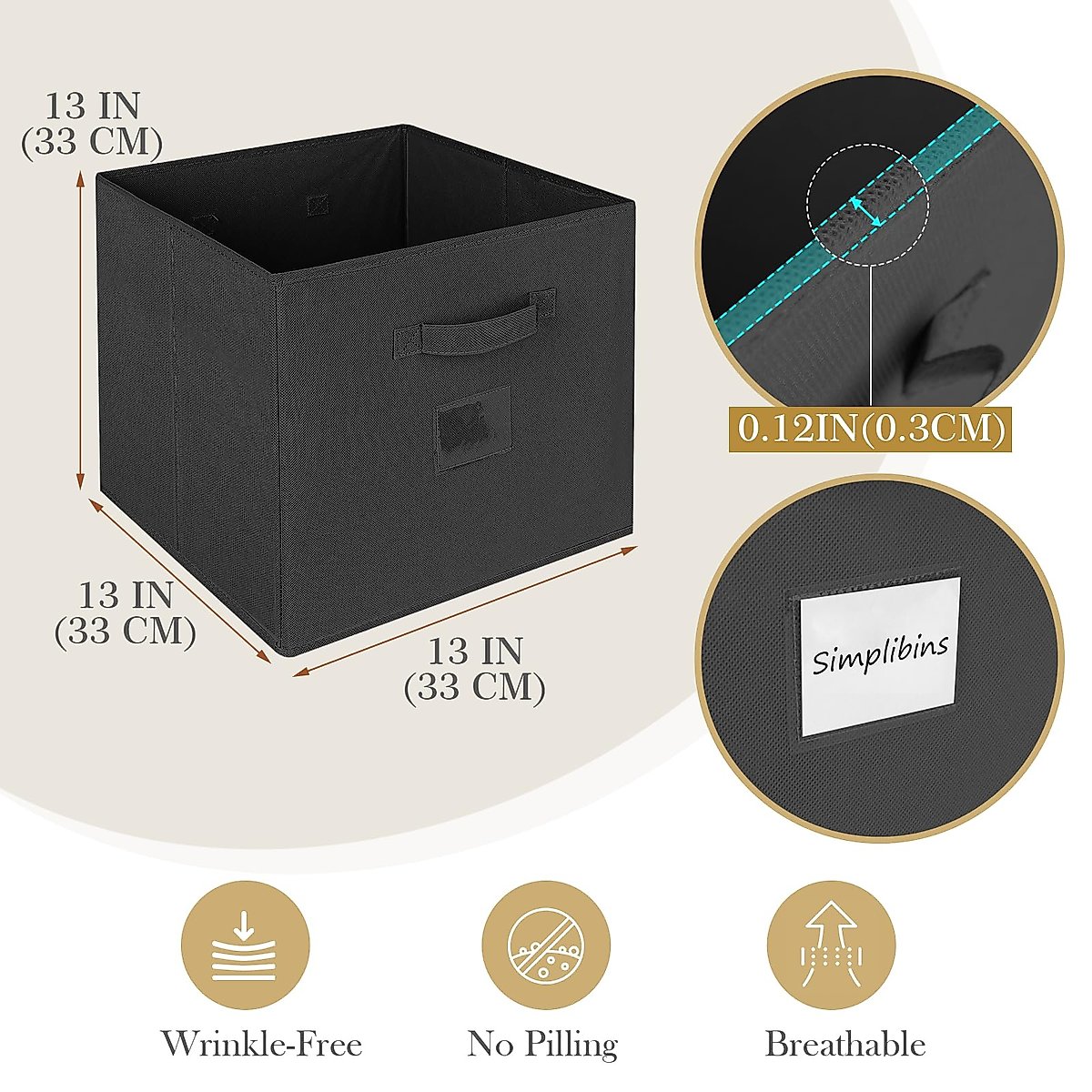 SimpliBins 13x13x13 Storage Cube Bins 4 Pack, Collapsible Fabric Storage Cubes with Fabric Handle, Simple Cubical Storage Boxes for Cube Organizer, Shelf and Closet Storage (Black)