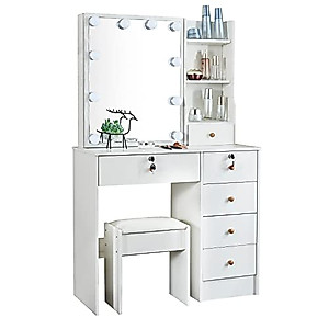 Girls Vanity Desk with Mirror and Lights, White Vanity Set with Charging Station, Dressing Table with Drawers and Chair for Bedroom