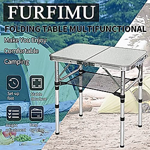 FURFIMU Small Folding Table,3 Adjustable Height Foldable Table,2Ft Portable Camping Table,Outdoor Folding Table with Net Mesh，Folding Beach Table,White Metal Folding Table for Patio BBQ