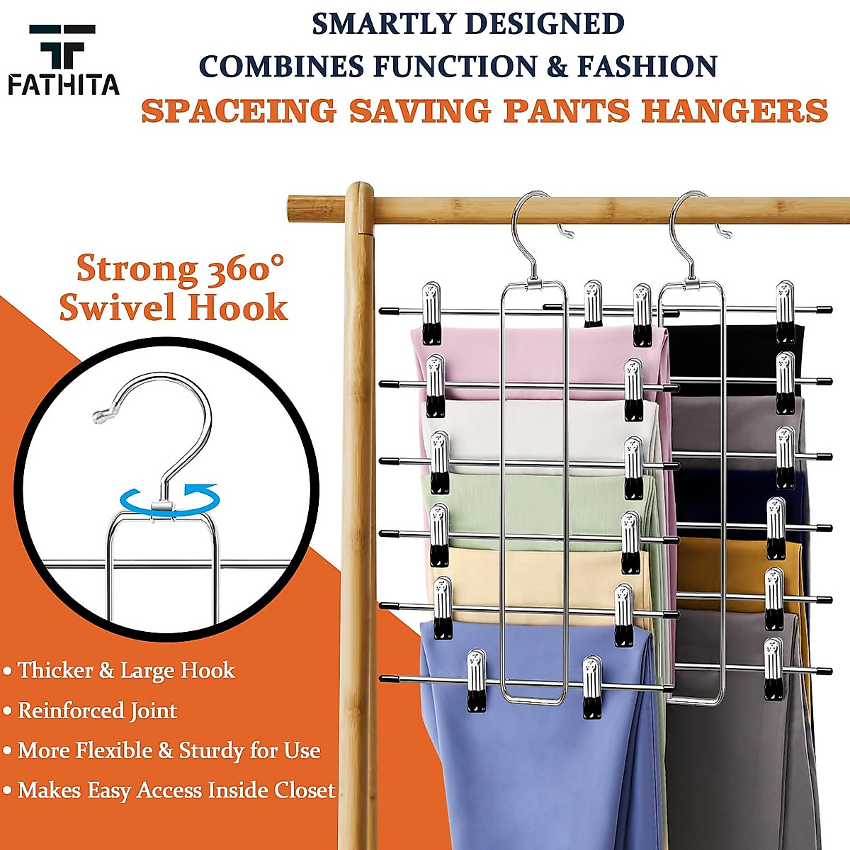 2 Pack Closet-Organizers-and-Storage,6 Tier Mens-Shorts Pants-Hangers-Space-Saving,Skirt-Hangers with Clips for Closet Organizer,College-Dorm-Room-Essentials,Closet Storage Jean Yoga Legging Hanger