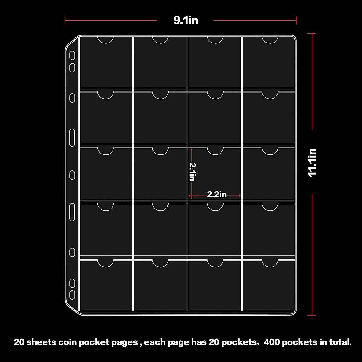500 Cardboard Coin Holder for Collectors with 25 Sheets Coin Pocket Pages, 500 Pockets Coin Collecting Book Sleeves Protectors Storage and 10 Size 2" x 2" Currency Holders for Coin Collection Supplies