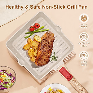 Bobikuke Nonstick Grill Pan, 8 Inch Grill Pan for Stove Tops Steak Pan Square Skillet with Removeable Handle, Oven& Dishwasher Safe, Double Pour Spouts (White)