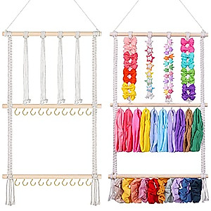 Hutuzldz Headband Holder Hair Bows Organizer for Girls, Macrame Hair Accessories Hanger Necklace Display with 20 Hooks Wall Hanging Over Door Organizer Boho Nursery Decor for Baby'S Room