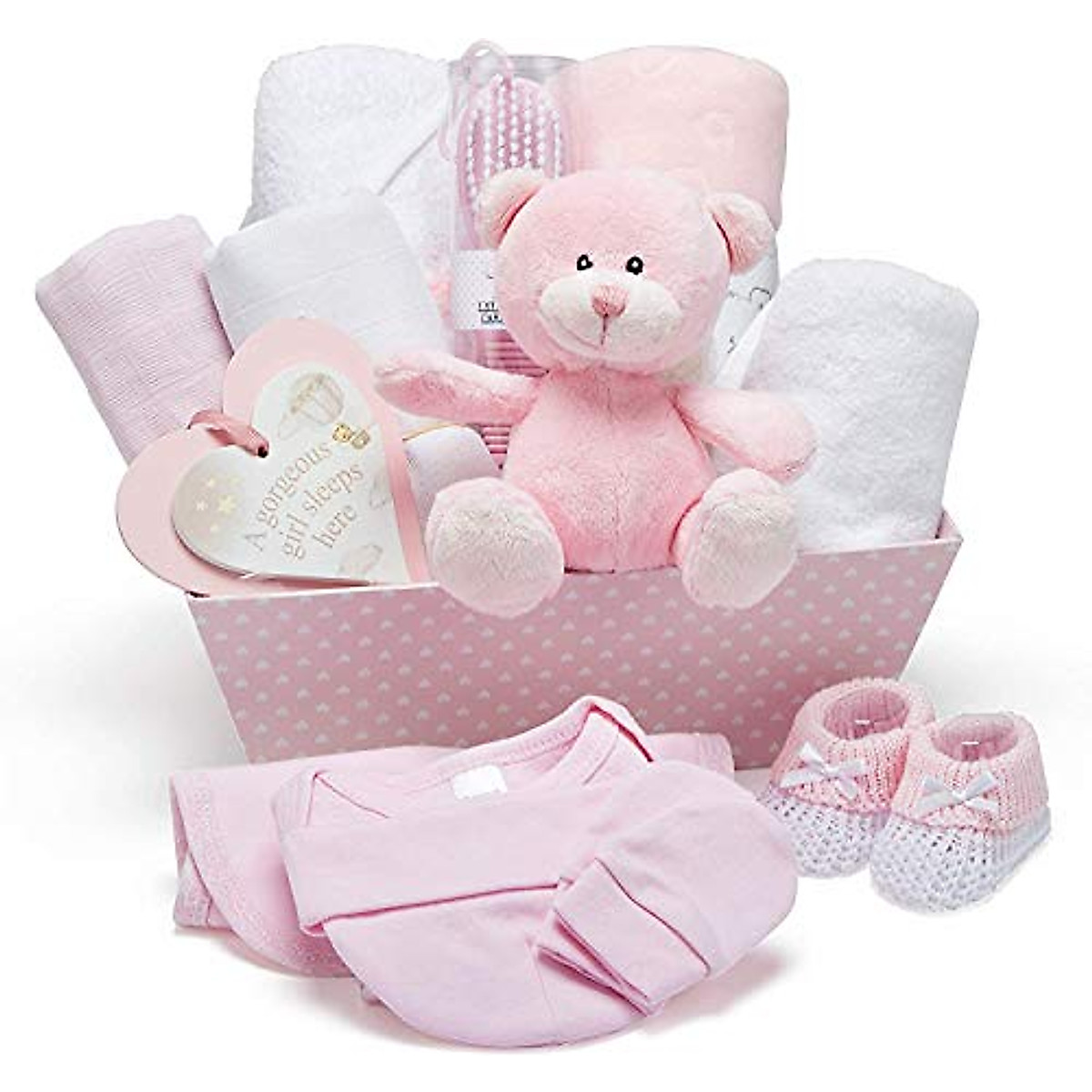Baby Girl Pink Gift Hamper - with Fleece Wrap, Hooded Towel, Baby Clothes, 2 Muslin Cloths and Cute Teddy Bear