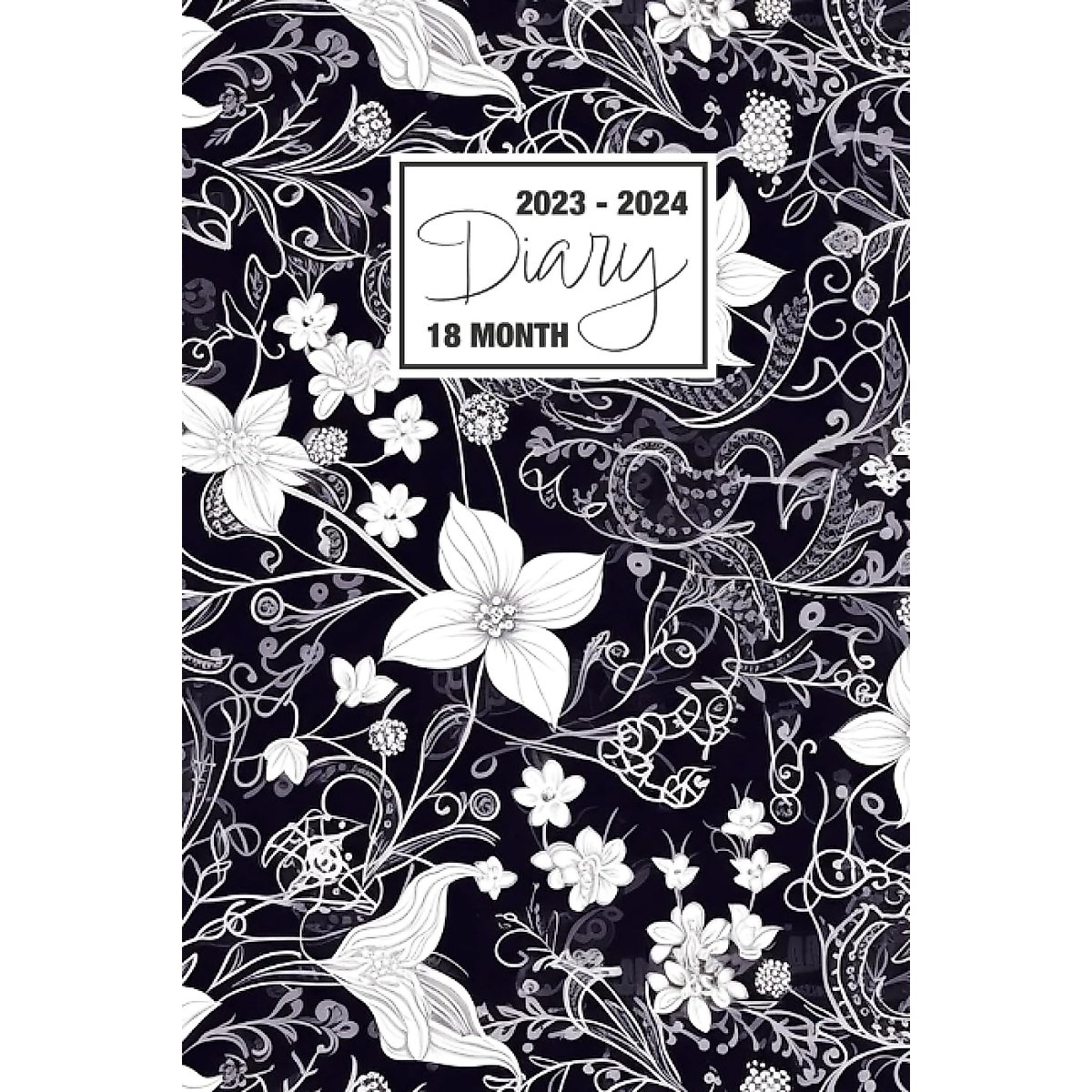 2023 - 2024: 18 Month Diary A5 Week to View on 2 Pages Weekly Journal Agenda WO2P Planner Jul 23 to Dec 24 Horizontal With Moon Phases, UK & US ... Charcoal White Floral Simple Line Art Pattern