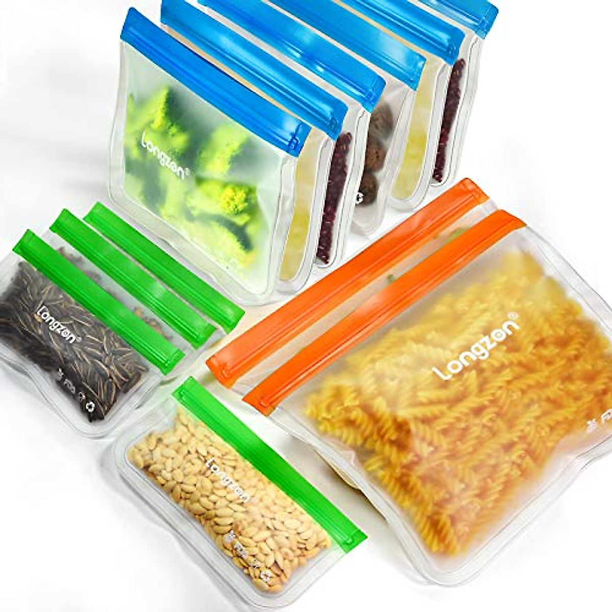 Reusable Storage Bags, longzon【12 Pcs S/M/L】Reusable Sandwich Bags, Reusable Food Ziplock Bags, Small Freezer Large Storage Snack Lunch Plastic Bags, BPA Free, FDA Foodgrade, ecoFriendly Silicone Bags