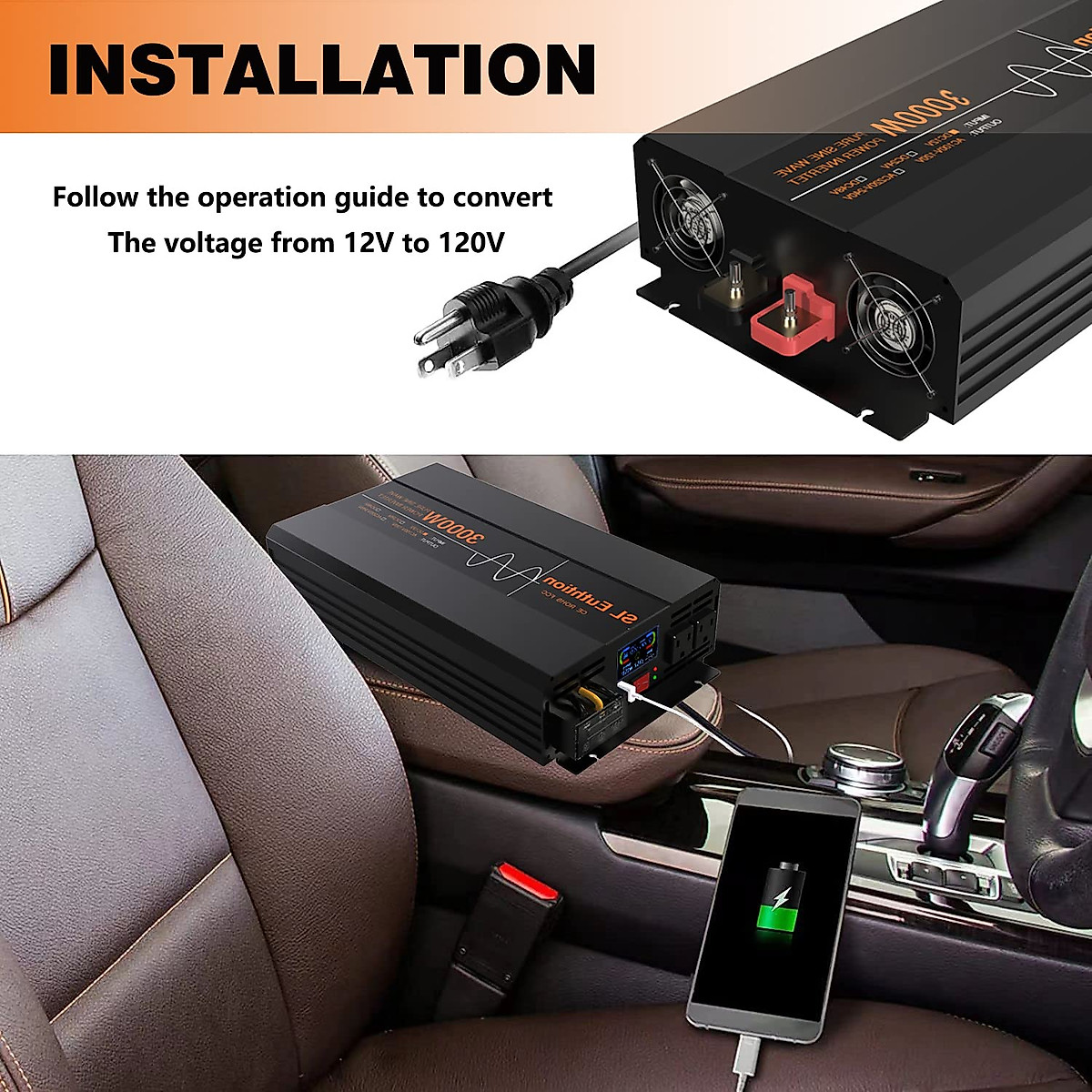 SL Euthtion 3000W/6000W(Peak) Pure Sine Wave Car Power Inverter 12V DC to 120V AC 60HZ with LCD Display, USB Port, Wireless Remote Control（10M for Car Home Laptop Truck