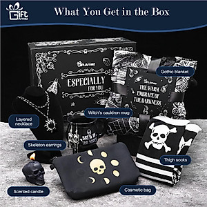 GiftAmaz Gothic Gifts for Women, Goth Theme Box with Gothic Coffee Mug, Goth Skull Candle, Gothic Skull Earrings, Blanket and More, Christmas Party Basket Gothic Gifts for Teens Girls Friend