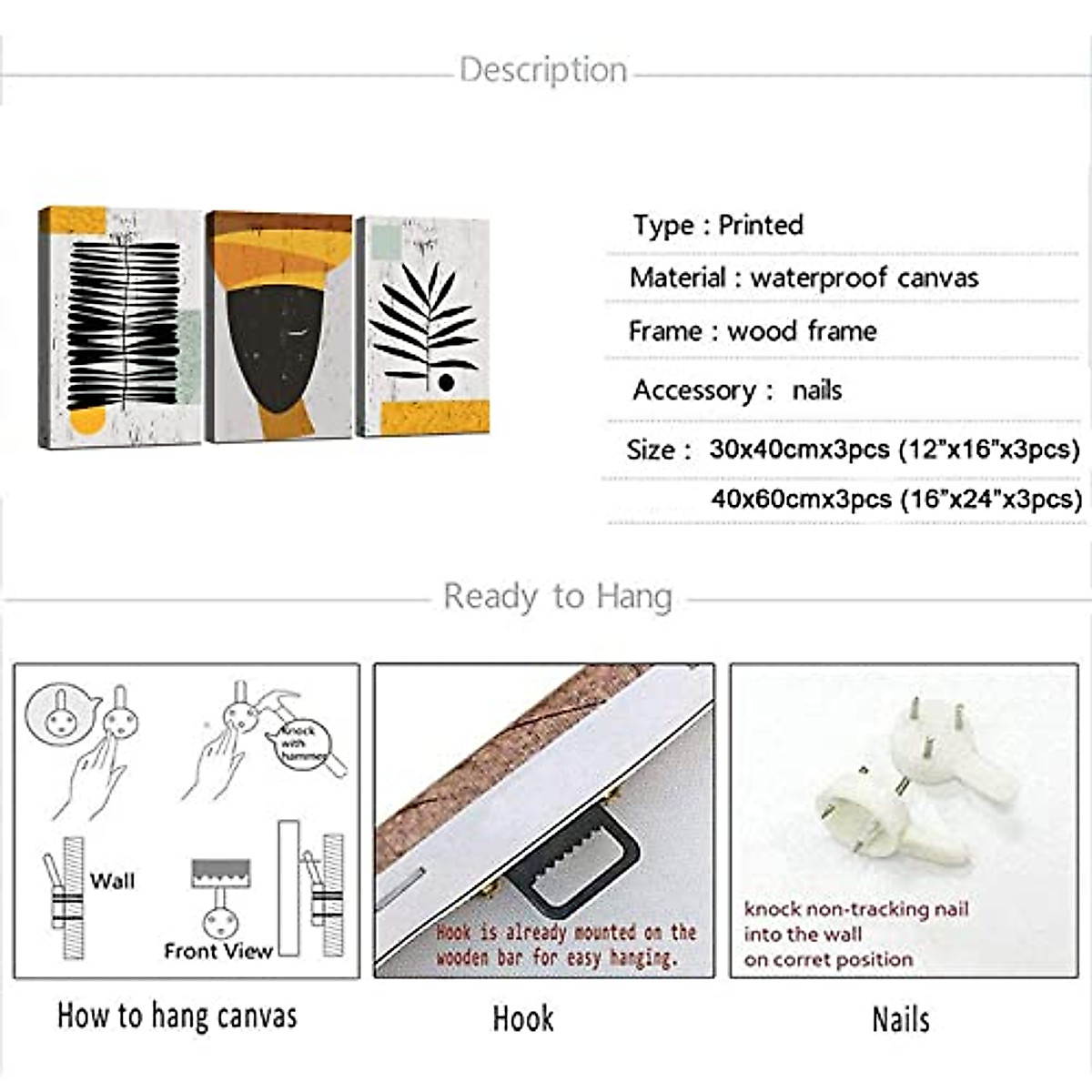 Framed Canvas Wall Art African Ethno Motive Wall Art Set, Abstract Ethno Art, African American Woman Portrait, Black Orange Print, Contemporary Collage, Minimalist (A-3pcs,12x16inchx3pcs)