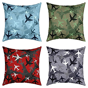 Camouflage Double Sides Print Pillow Cover for Sofa Couch Chair,Watercolor Geometric Camo Throw Pillow Case Cover,Aircraft 4 Pack Cushion Cover Room Decor,16"x16"