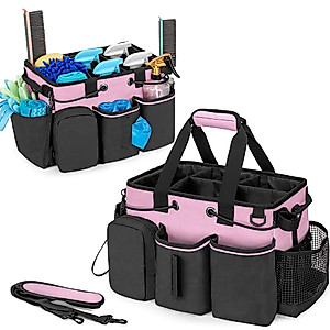 LoDrid Large Professional Cleaning Caddy with Detachable Divider, Supply Organizer with Handle and Shoulder Strap, Cleaning Bags for Housekeepers & Cleaners, Pink