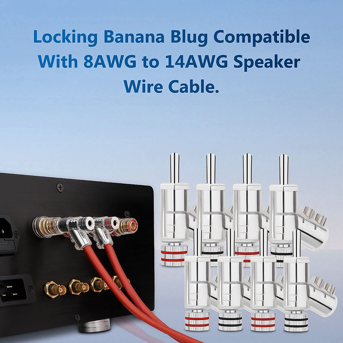 Monosaudio Locking Banana Plugs 8Pcs 45 Degree Banana Connectors Double Screw Speaker Banana Plug for 8-15 Guage Speaker Wire,Audio/Video Receiver,Sound Systems with L-Form Hex Wrench(Rhodium Plated)