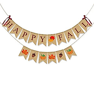 JOZON Happy Fall Burlap Banner Happy Fall Bunting Banner Garland with Pumpkins Maple Leaves Acorn Sign for Autumn Party Decorations Thanksgiving Fall Harvest Decor for Mantle Fireplace Wall