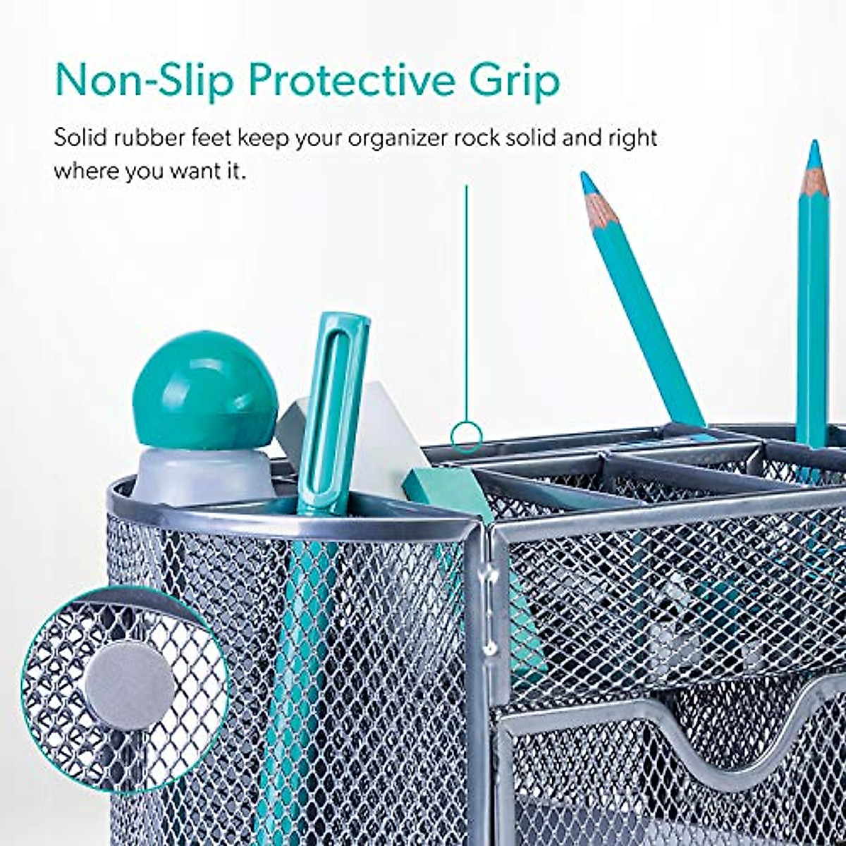 Mindspace Office Desk Organizer with 8 Compartments + Drawer | Desk Caddy Pen Holder For Office Accessories | The Mesh Collection, Silver