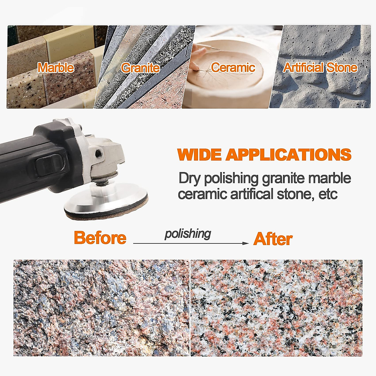 BRSCHNITT Dry Diamond Polishing Pad Set,7pcs 4 inch (#50*4，100*3),for Granite Stone Marble Sanding used on Grinder or Polisher, with Hook & Loop 5/8-11 Aluminum Backing Holder Pads