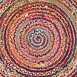 SAFAVIEH Cape Cod Collection Area Rug - 3' Round, Red & Multi, Handmade Braided Boho Jute & Cotton, Ideal for High Traffic Areas in Living Room, Bedroom (CAP702Q)