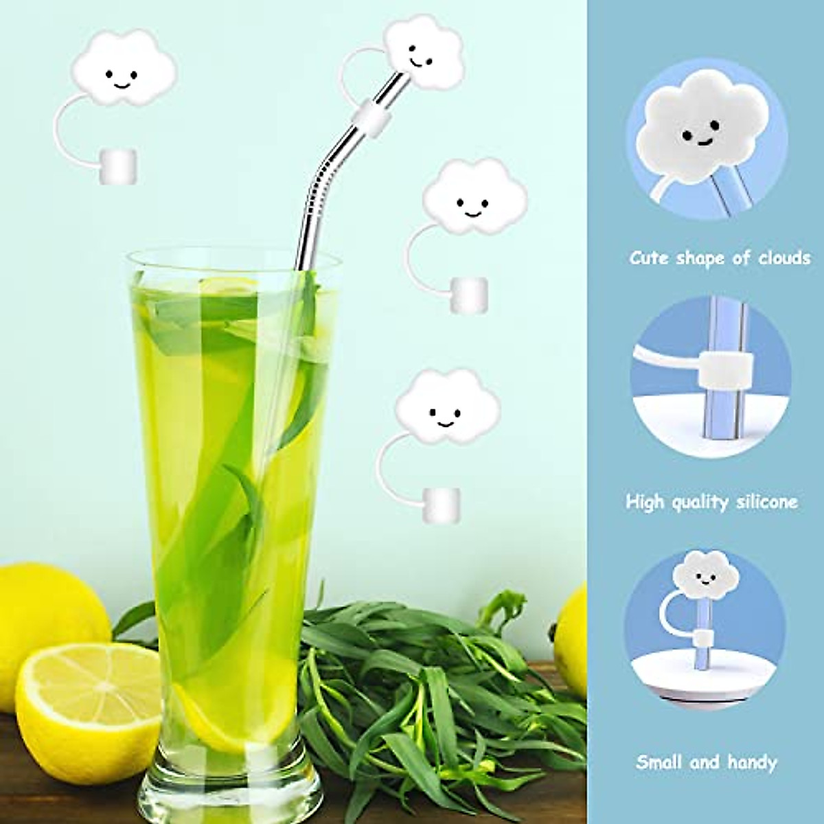 10 Pcs Cloud Shape Straw Covers, Straw Tips Cover Reusable Cloud Shape Straw Protector Straw Covers Cap Straw Protectors Cap Silicone Straw Cover for 6-8 mm Straws, White