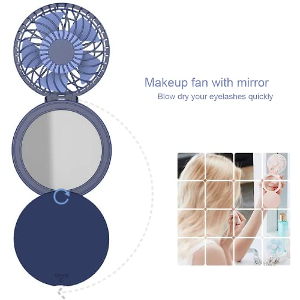 HandFan Mini Necklace Fan with Portable Charger/Makeup Mirror, Personal Hanging Neck Fan Rechargeable, Hands-Free Battery Operated Wearable Fan for Travel Outdoor Makeup(Blue)
