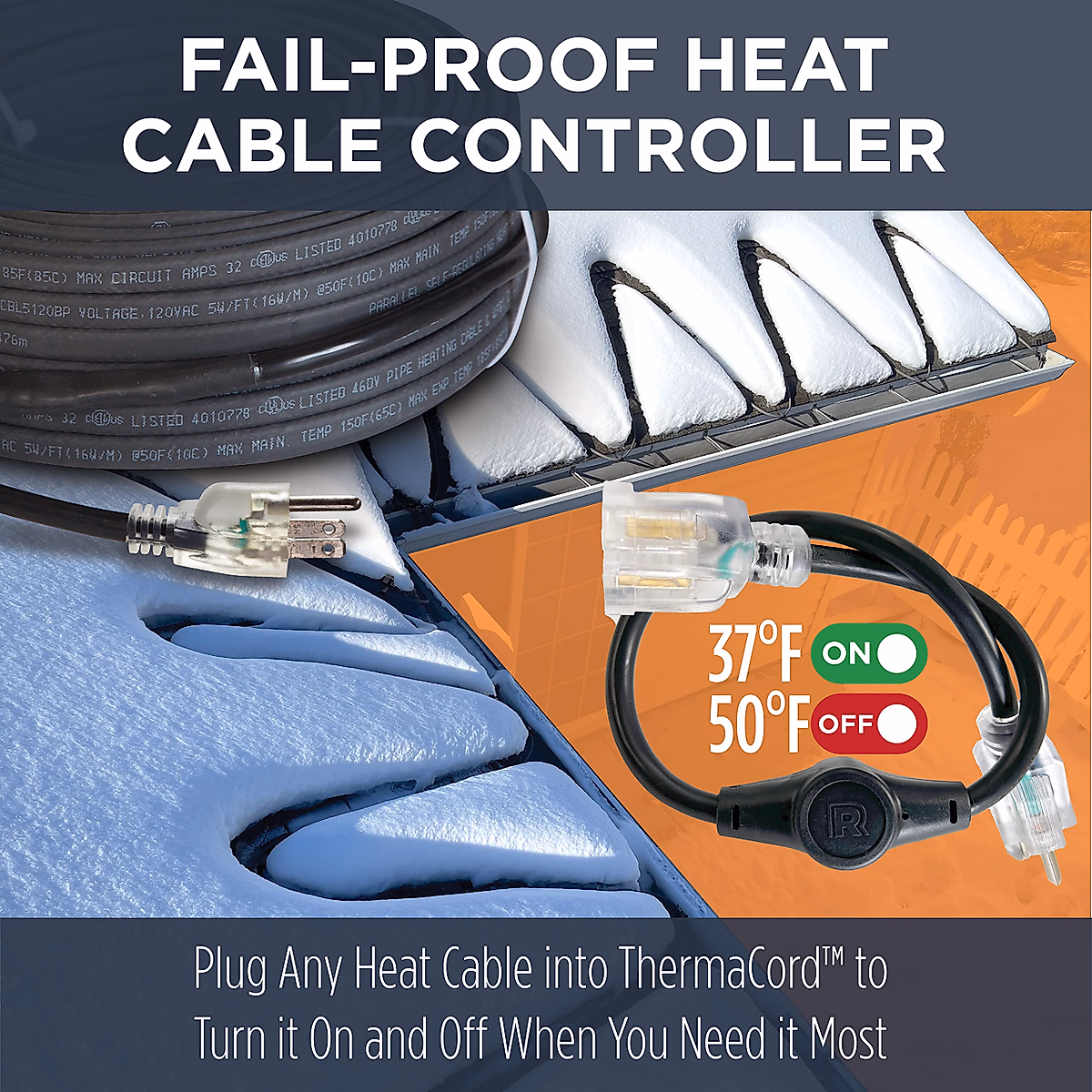 ThermaCord 120v Heat Cable Controller, Weatherproof Outdoor Thermostat, Energy-Saving, Turns Heat Cable On and Off Automatically, UL-Certified, Industrial Grade, Fits Outdoor Outlets, 16” Long