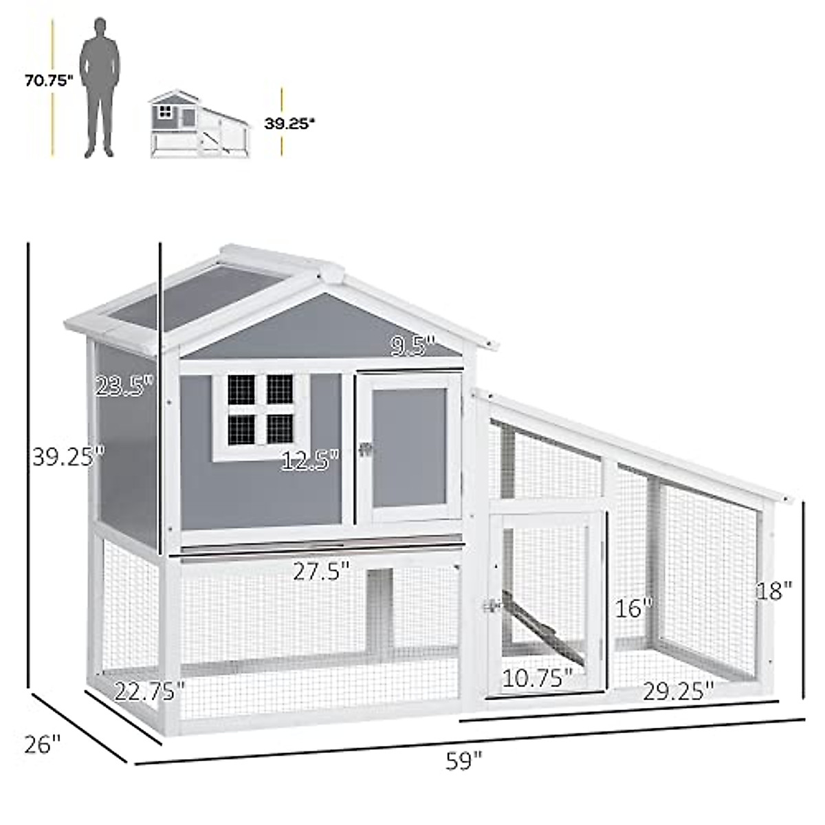 PawHut 59" Wooden Rabbit Hutch, 2 Tier Pet Playpen Bunny House Enclosure with Sunlight Panel Roof, Slide-Out Tray, and Ramp, for Rabbits and Small Animals, Grey