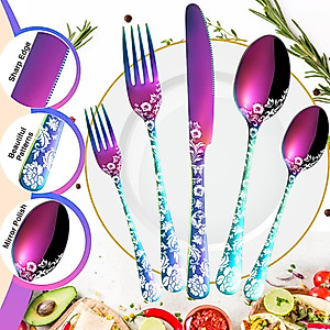 Vilihkc 20 piece Peony Flower Pattern Design Silverware Set, Stainless Steel Flatware Set Service for 4,Colorful Cutlery Set, Mirror Polished Utensil Set for Kitchen, Dishwasher Safe
