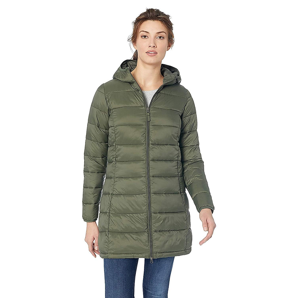 Amazon Essentials Women's Lightweight Full-Zip Water-Resistant Hooded Puffer Coat (Available in Plus Size), Dark Olive, Medium