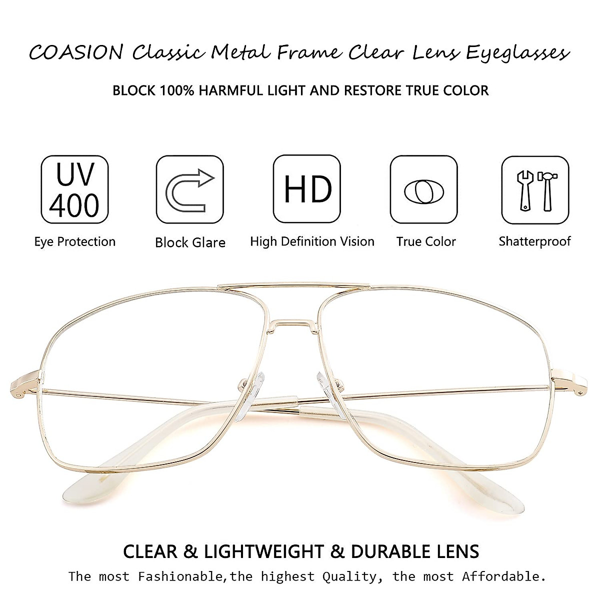 COASION Classic Non-prescription Clear Lens Eyeglasses Metal Frame Eyewear for Women Men (Gold)