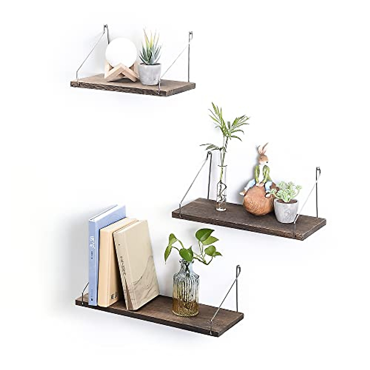 Floating Shelves Rustic Solid Wood Floating Shelf Wall Storage Shelves, Rustic Wall Shelf with Wire Hanging Brackets ,Set of 3 (11in + 13.5in + 17in, Dark Brown)