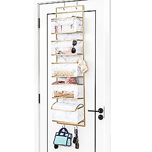 DAMAHOME Over Door Hanging Organizer - Closet Door Storage Organizer 5 Large Pockets, Door Organizer Hanging Clear Window Pocket, 4 Metal Hooks for Baby Nursery Bedroom Pantry Bathroom (Marble)