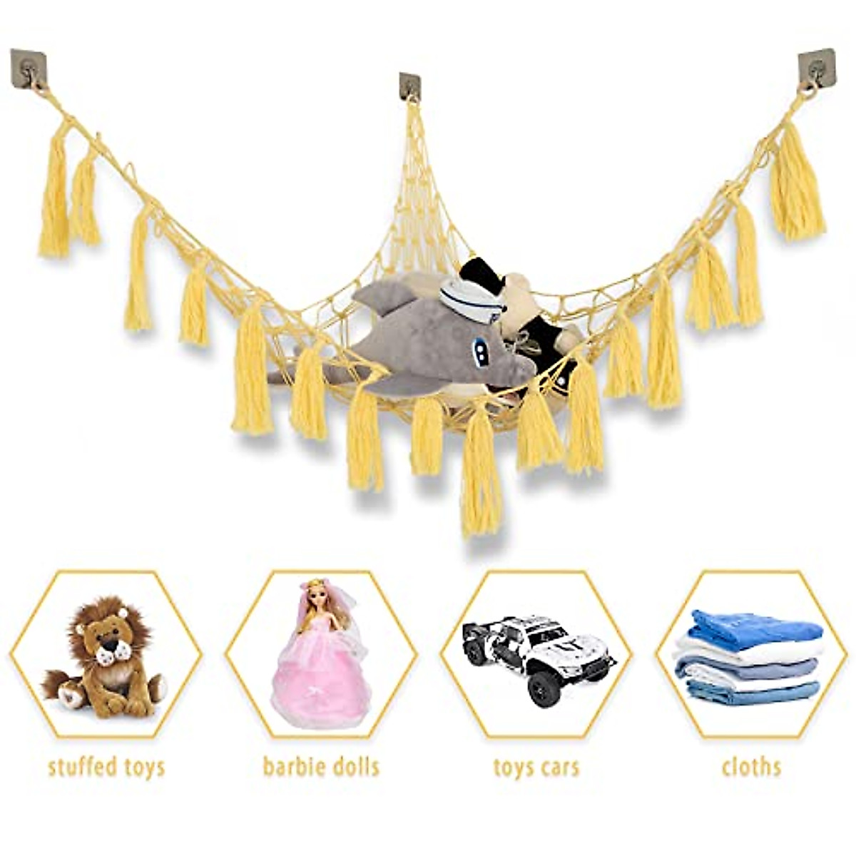 YELIENM Stuffed Animals Net or Hammock with LED Light, 59 inch Toy Hammock Net for Stuffed Animals Corner Hanging Stuffed Animal Storage Stuffed Animal Holder for Nursery Kids Bedroom (Yellow)…