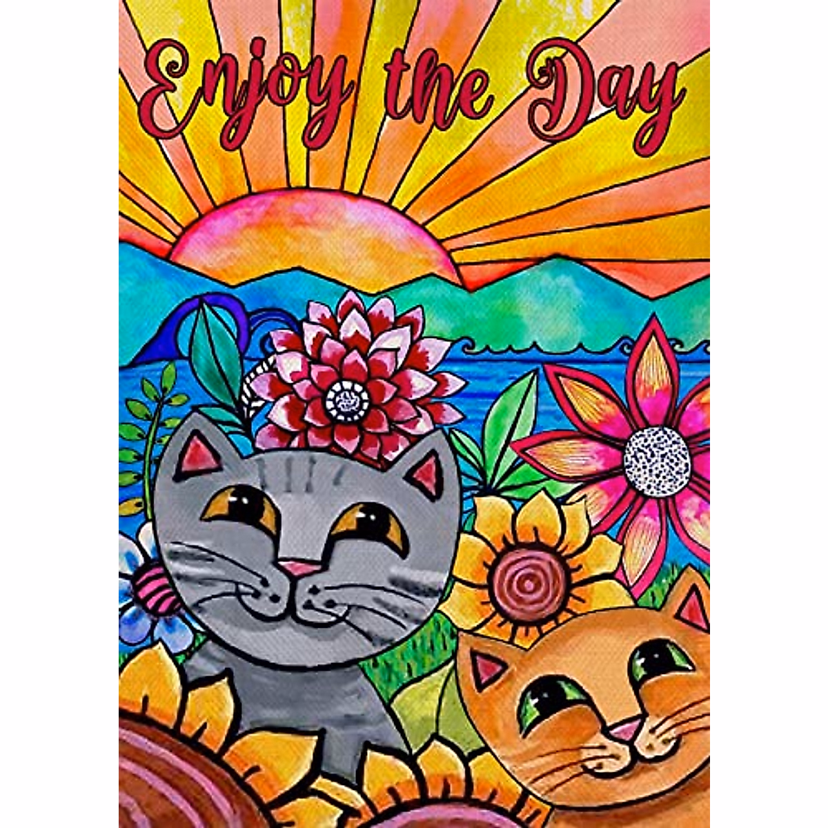 Furiaz Enjoy the Day Cats Sunflower Spring Summer Small Decorative Garden Flag, Sunshine Kitty Yard Abstract Sunrise Dahlia Flower Home Outside Decoration, Funny Outdoor Decor Double Sided 12x18