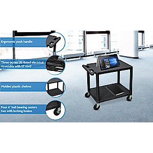 Offex Mobile Electric Multipurpose Utility Storage Audio Video Workstation Cart with 2 Shelves, Black