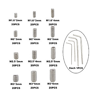 MCMASKE Metric M1.6 M2 M2.5 M3 Stainless Steel Internal Hex Drive Cup-Point Set Screws Assortment Kit