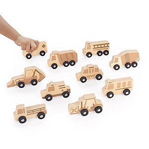Guidecraft Mini Wooden Trucks - Set of 10: Toddlers Toy Set, Cement Mixer, Fire Truck, Police Car, Taxi Car, School Bus, Dump Truck, Ambulance, Fork Lift, Front Loader and Farm Truck Set