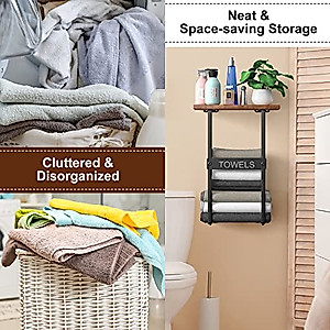 BSSOYAMM Towel Racks for Bathroom Wall Mounted, Metal Towel Holder with Wooden Shelf, Rolled Bath Towel and Hand Towel Storage Organizer for Small Bathroom